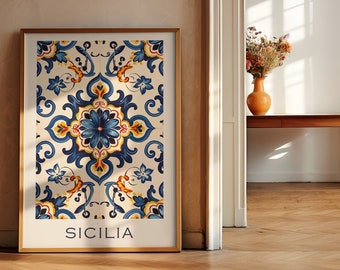 Sicilian Tile Print Vintage Majolica Pattern Poster Mediterranean ...