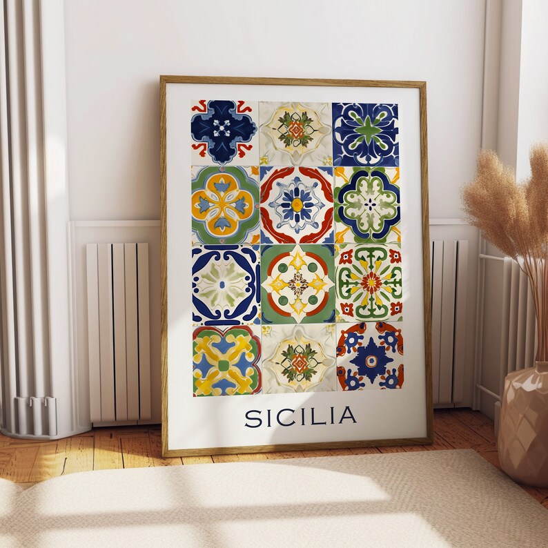 Sicilian Tile Print Vintage Majolica Pattern Poster Mediterranean ...