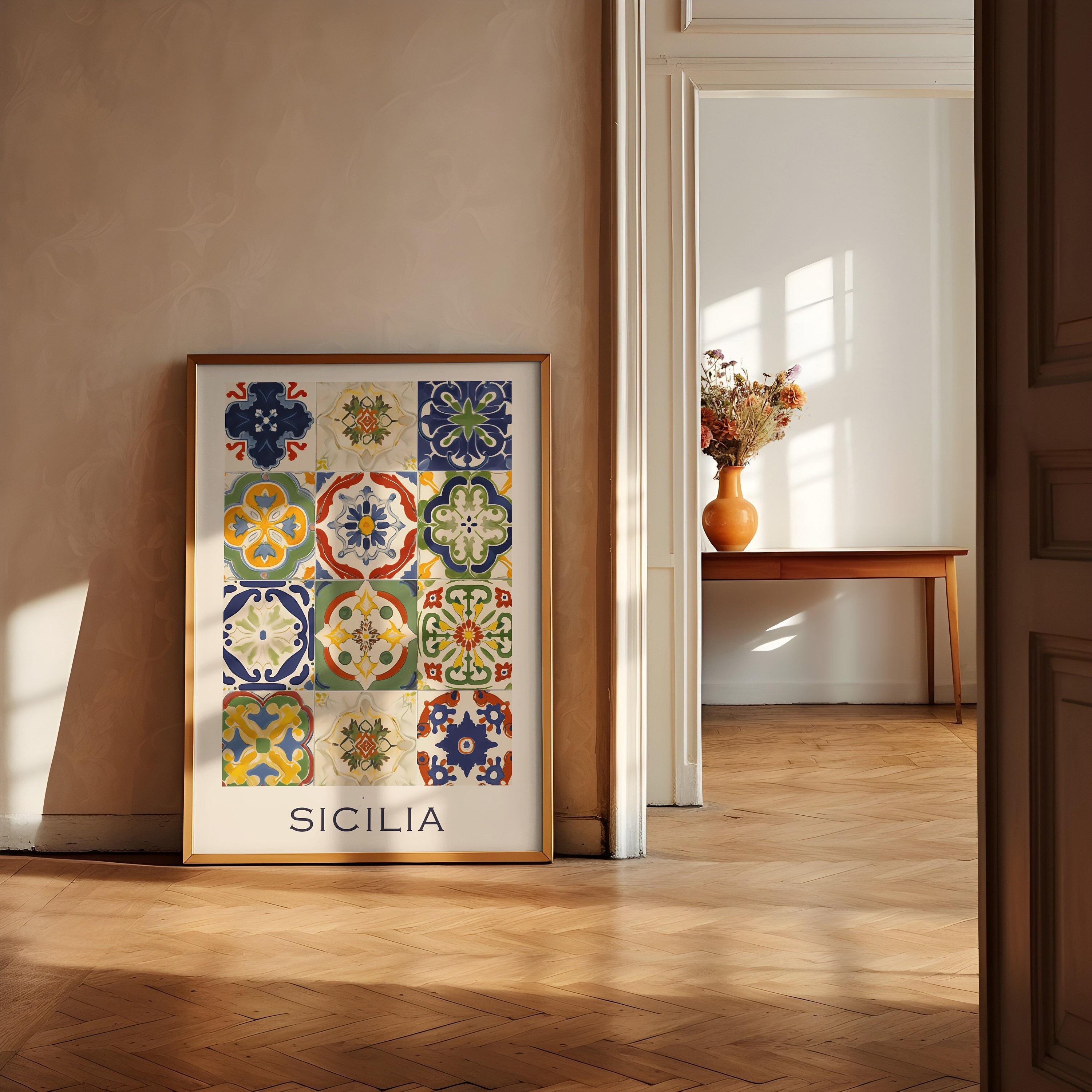 Sicilian Tile Print Vintage Majolica Pattern Poster Mediterranean ...