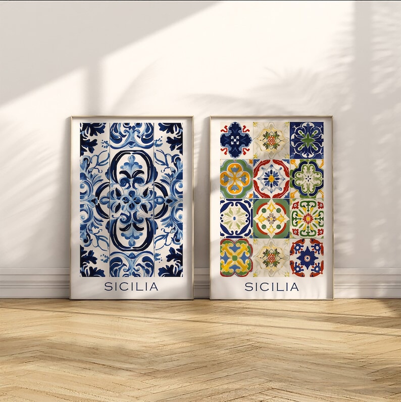 Set of 2 Sicilian Tile Pattern Prints Majolica Ceramic Colorful Poster ...