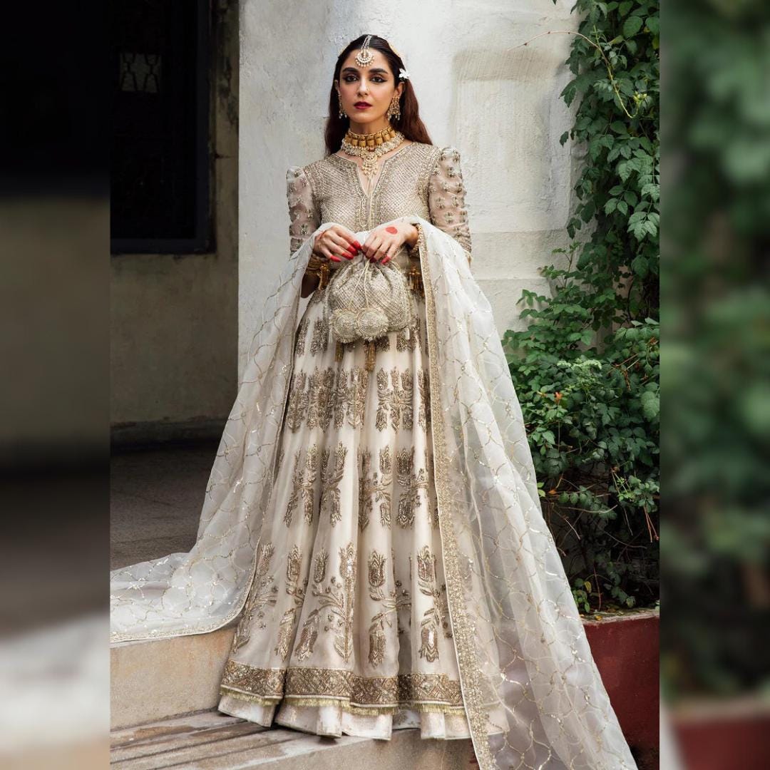 Custom Stitch Ivory Pakistan Indian Women Wedding Bridal Dress Heavy ...