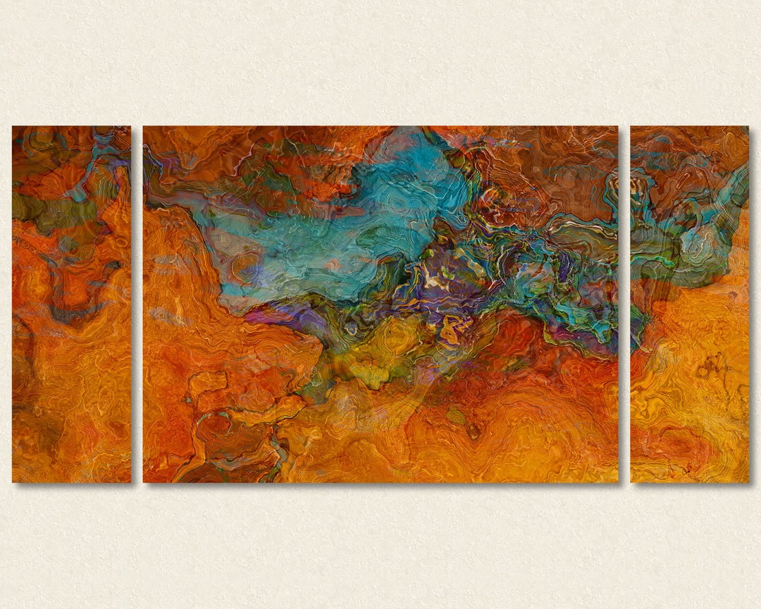 Large Triptych Abstract Art Canvas Print, 30x60 to 40x78 in Red-orange and Turquoise, From ...