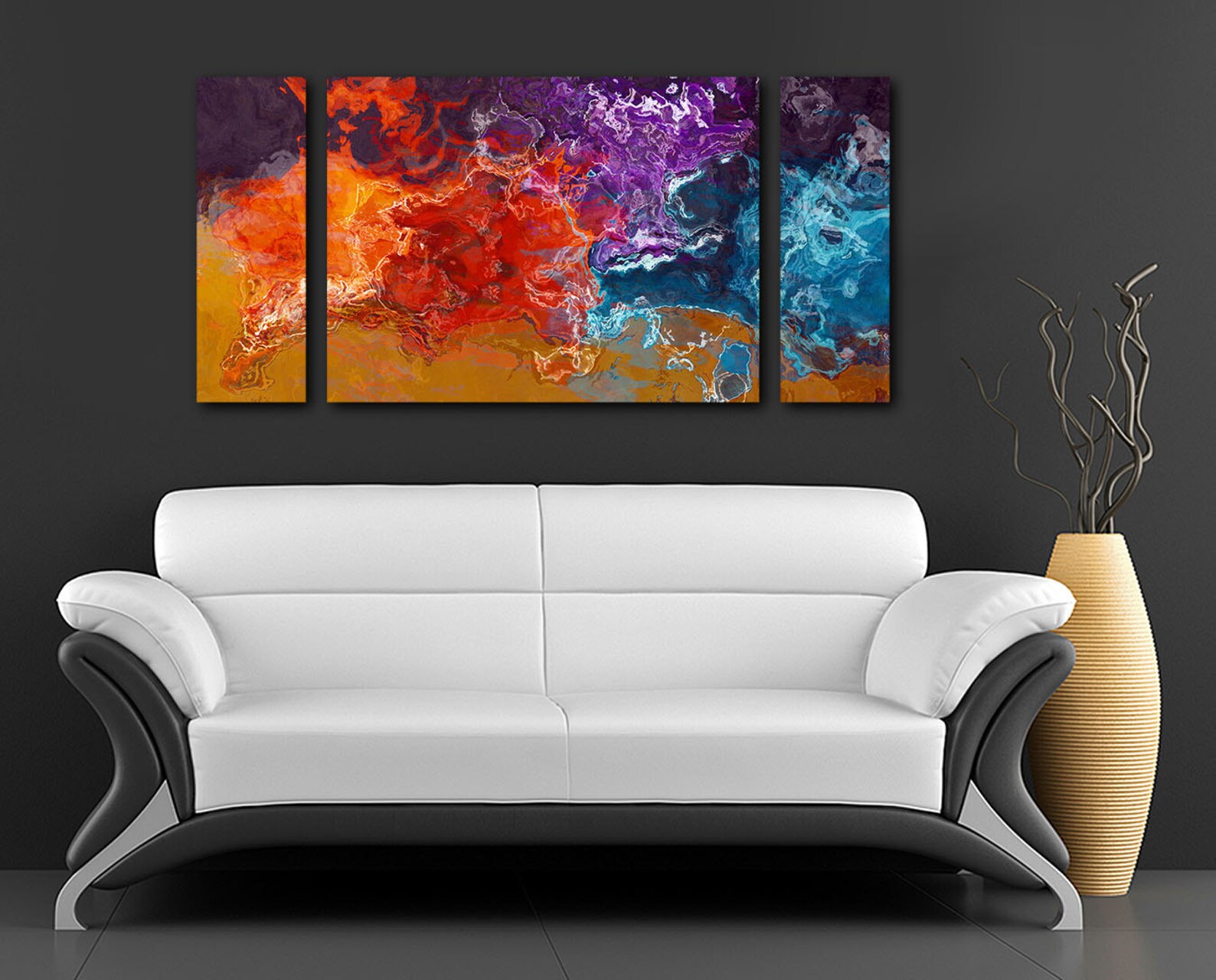 Large Triptych Abstract Canvas Print With Gallery Wrap, 30x60 to 40x78 ...