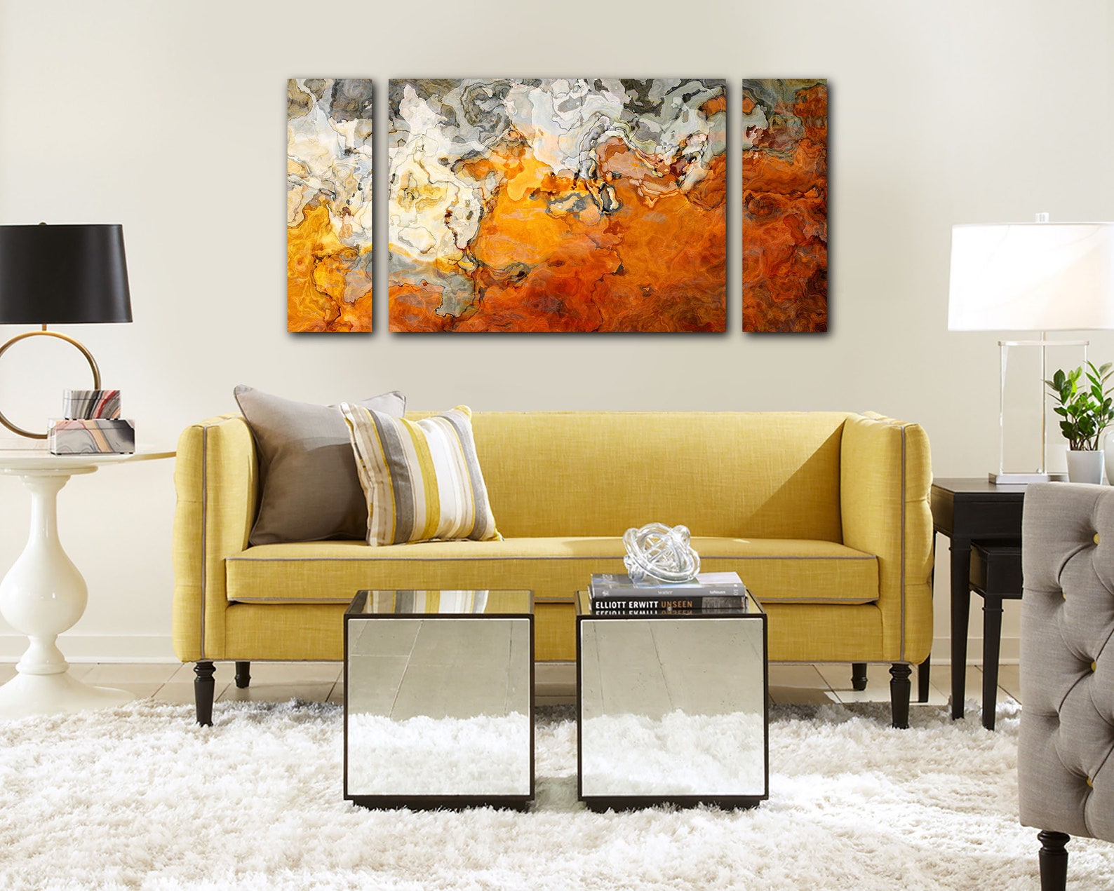 Large Triptych Abstract Art Canvas Print, 30x60 to 40x78 in Orange ...