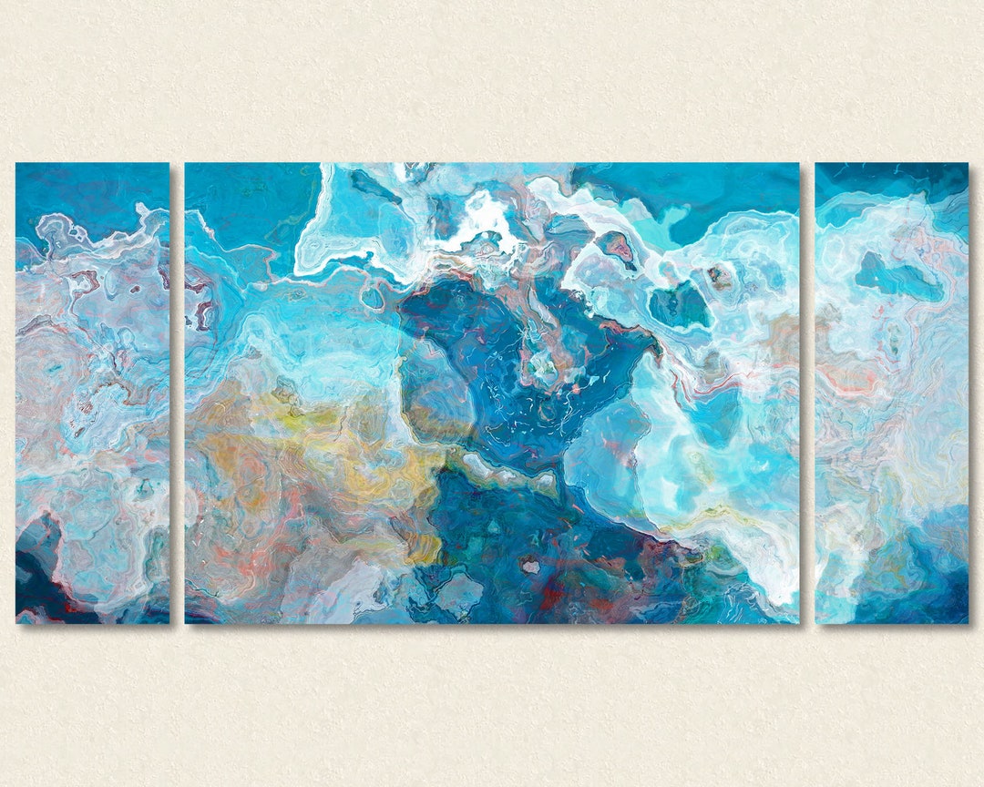 Large Triptych Abstract Art Canvas Print, 30x60 to 40x78 in Blue and ...