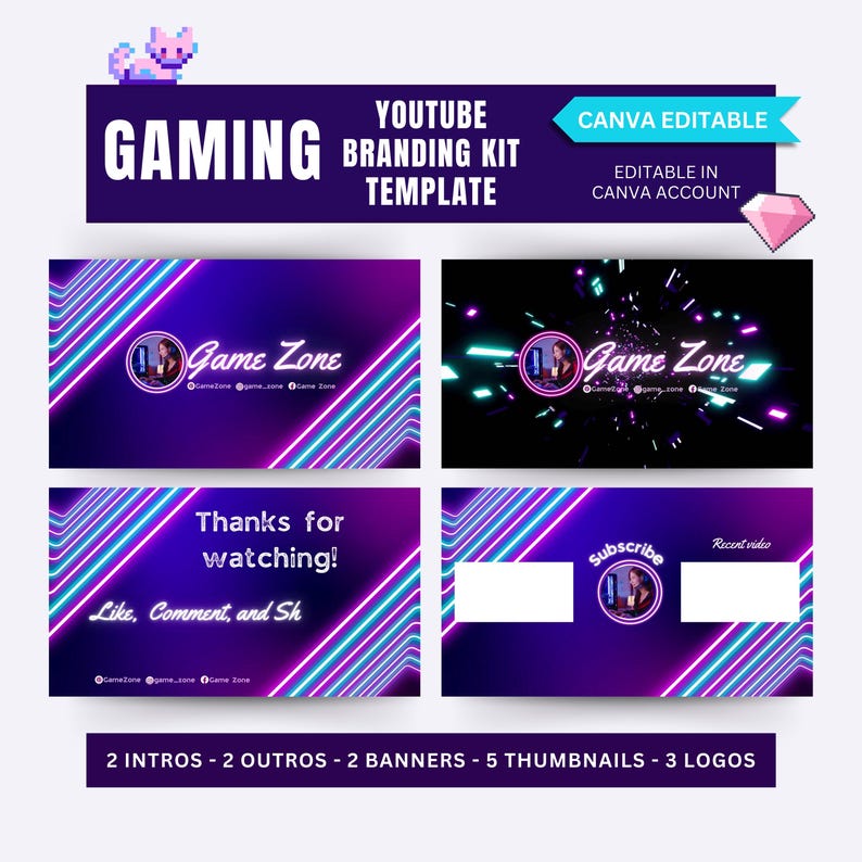 Gaming Youtube Branding Kit - 14 Templates for Girl Gamers - Logo ...