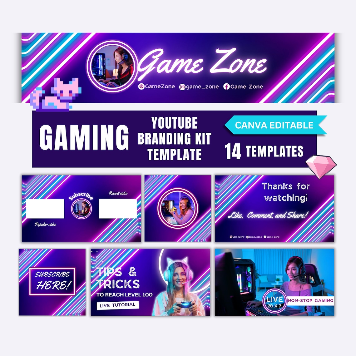 Gaming Youtube Branding Kit - 14 Templates for Girl Gamers - Logo ...