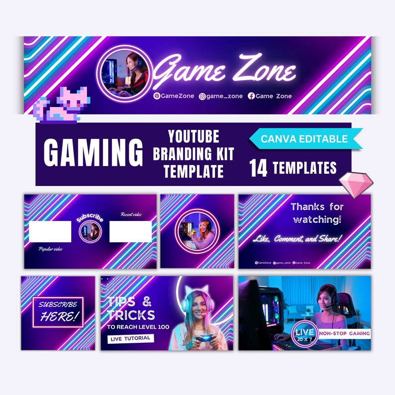 Gaming Youtube Branding Kit - 14 Templates for Girl Gamers - Logo ...