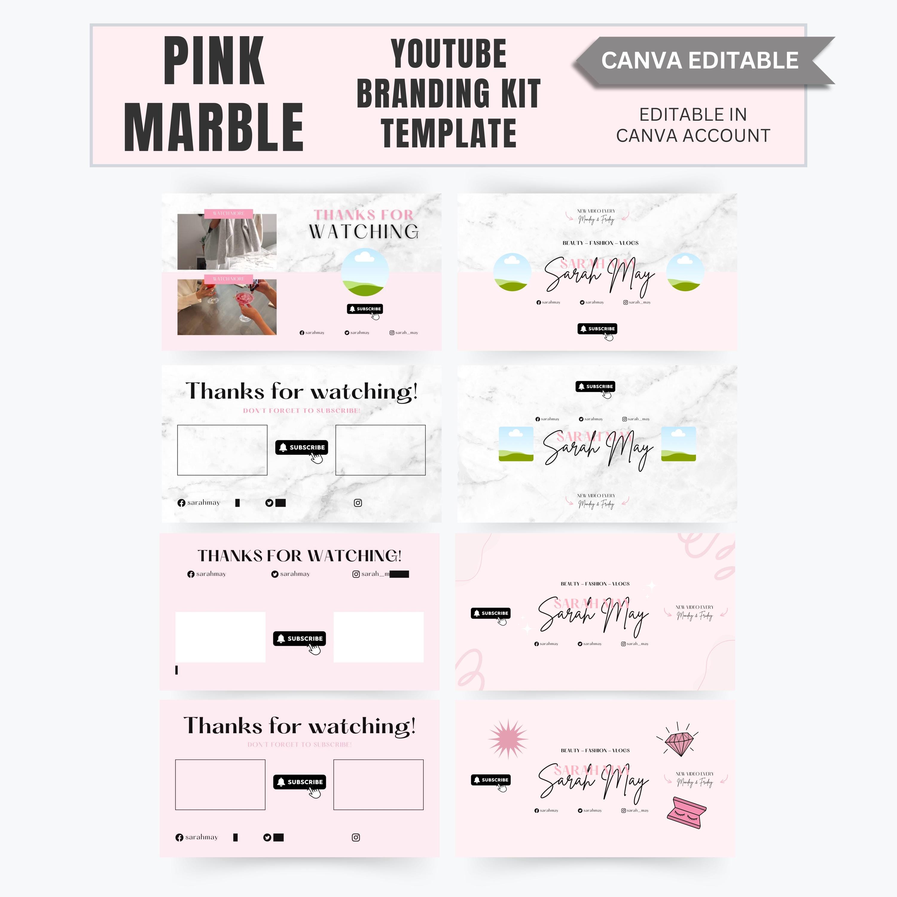 Pink Marble Youtube Branding Kit 14 Templates for Beauty Fashion ...