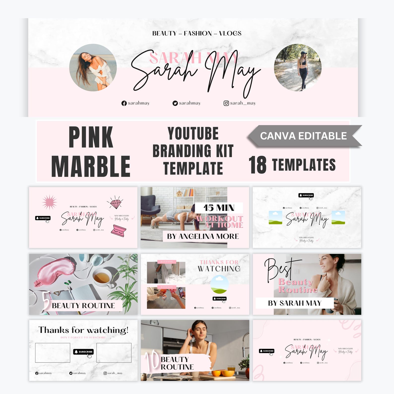 Pink Marble Youtube Branding Kit 14 Templates for Beauty Fashion ...