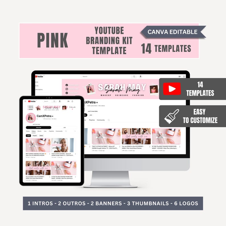 Pink Youtube Branding Kit 14 Templates for Beauty & Fashion Bloggers ...