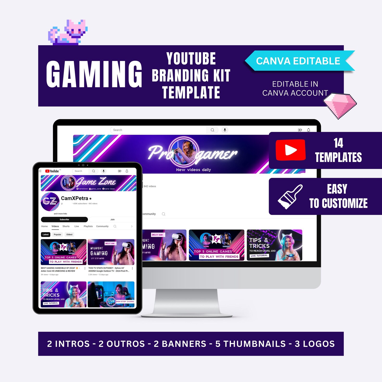 Gaming Youtube Branding Kit - 14 Templates for Girl Gamers - Logo ...