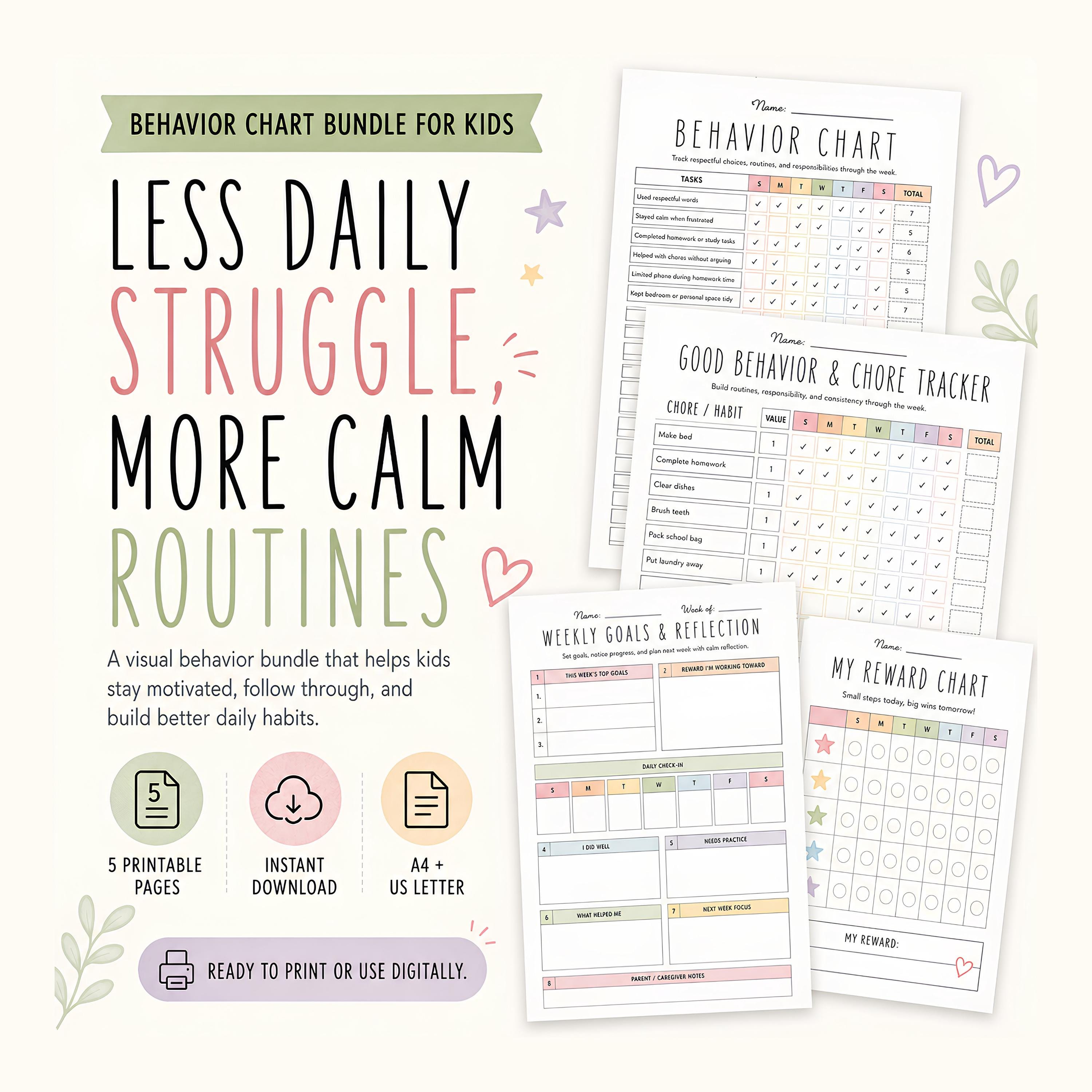 Kids Behavior Chart Bundle, Daily Behavior Tracker, Chore Chart, Reward ...