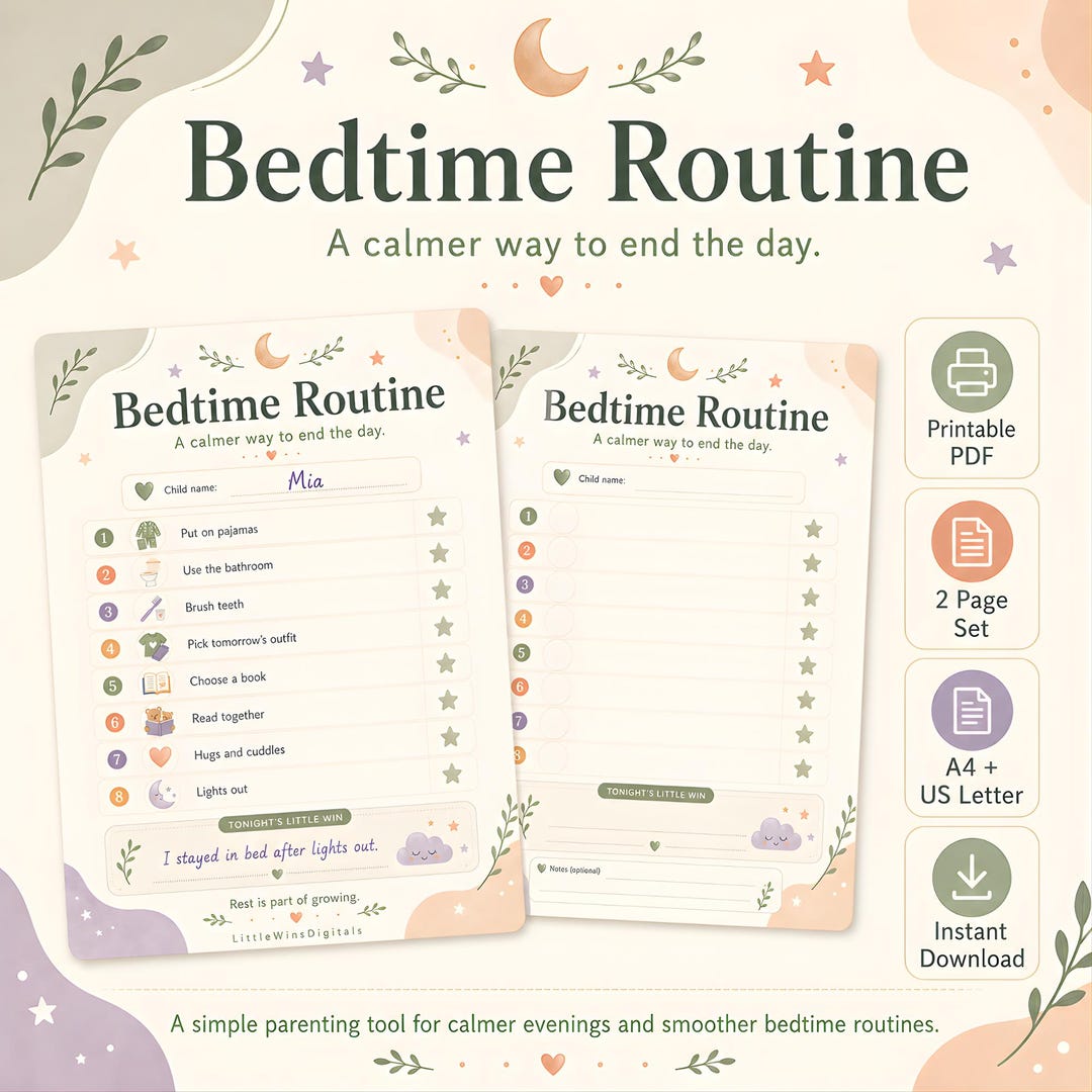 Bedtime Routine Chart Printable, Kids Bedtime Checklist, Night Routine ...