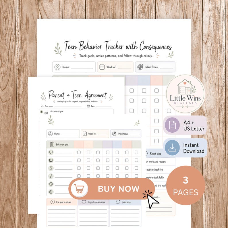 Teen Behavior Chart Printable, Weekly Behavior Tracker, Parent Teen ...