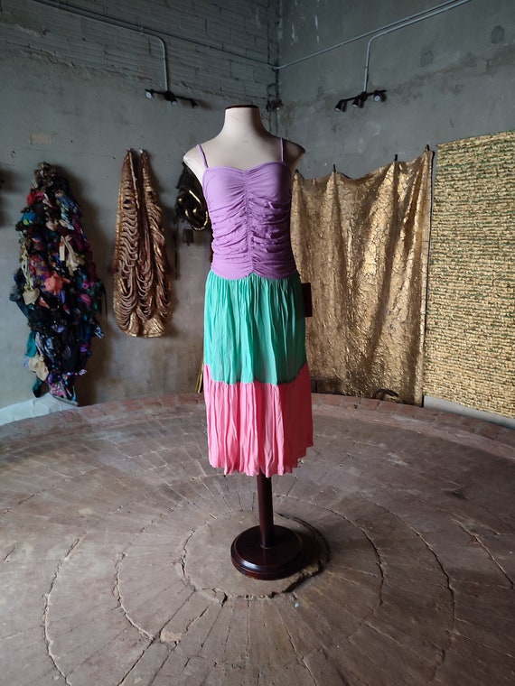 NOS Spanish 1980s Vintage Candy Coloured Ruched Dress… - Gem