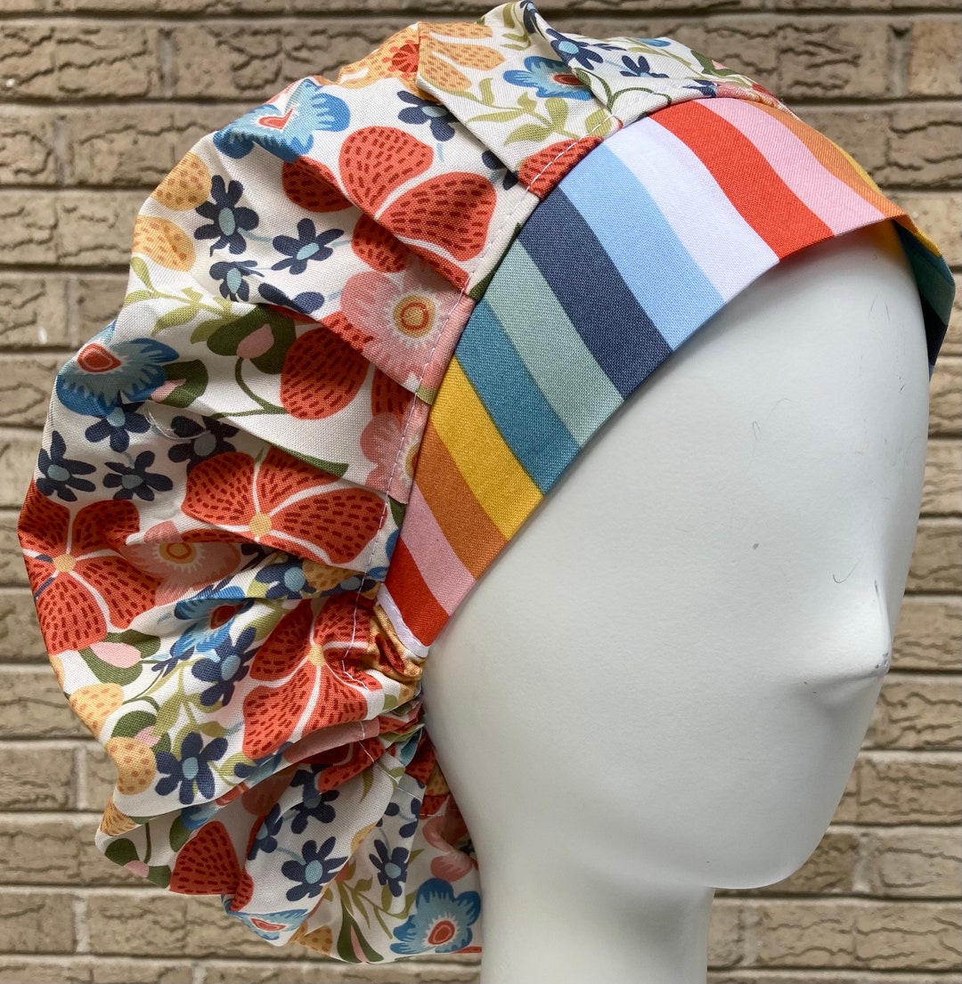 Scrub Caps, Bouffant Hat, Flowers and Stripes, Surgical Hat, Floral ...