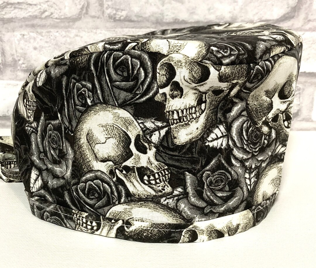 Men's Lined Scrub Hats | Halloween Skulls and Roses Scrub Cap | Men's ...