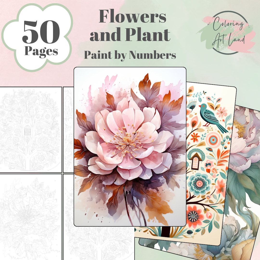 50 Floral Paint by Numbers, Flower Coloring Pages, Adults Coloring ...