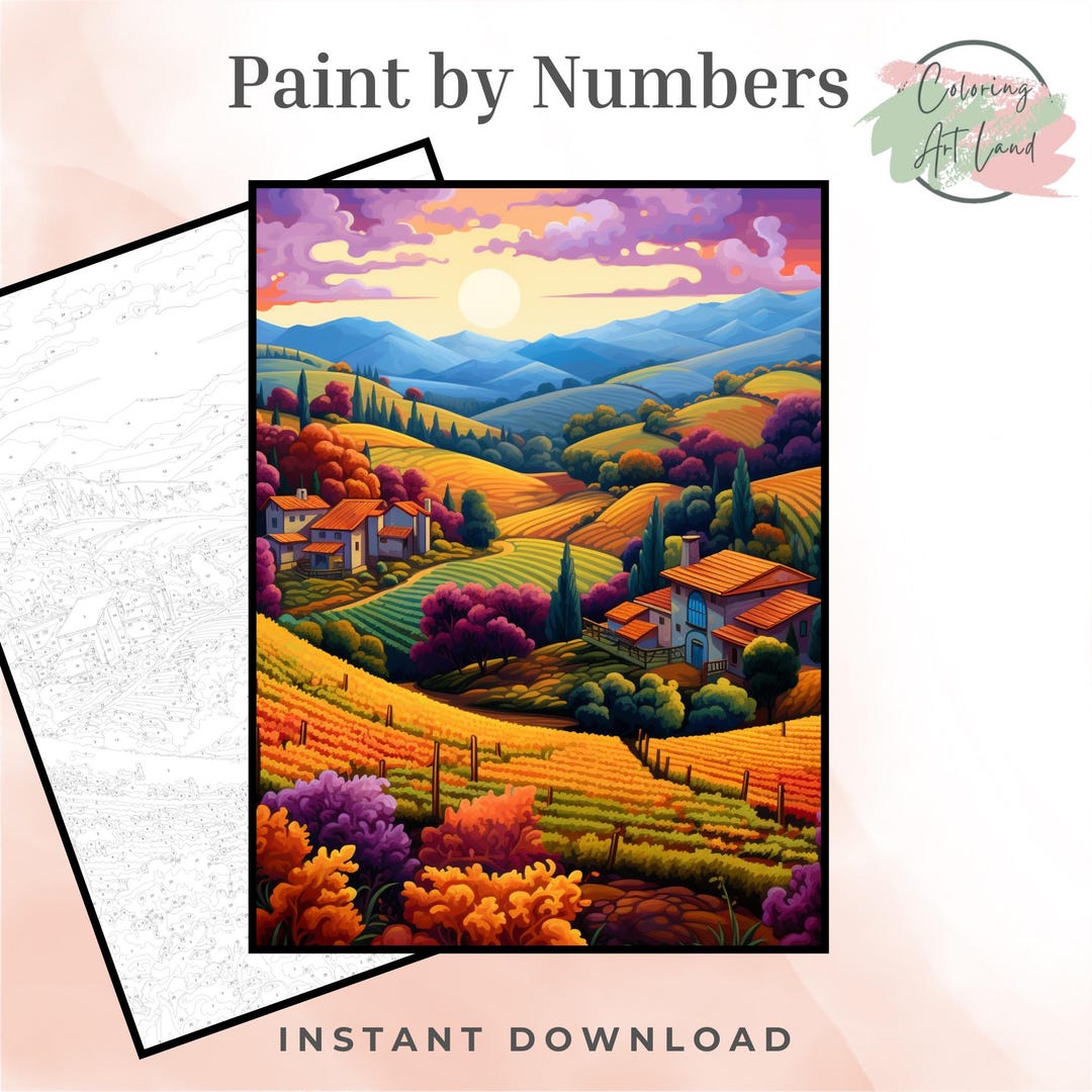 Tuscan Sunset Landscape Paint by Numbers, Landscape Coloring Pages ...