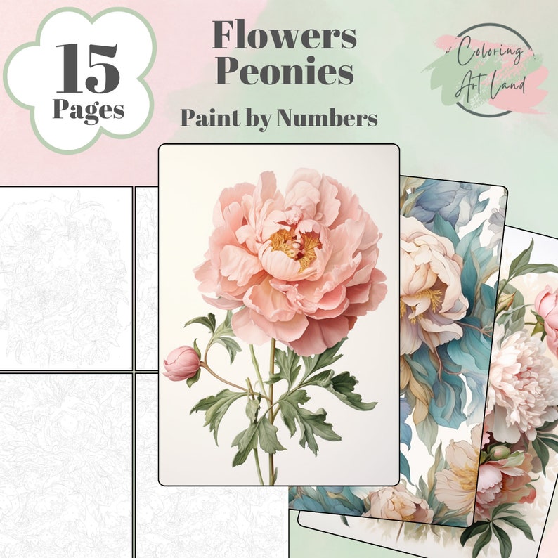 15 Peonies Painting, Paint by Numbers, Flowers Coloring Pages, Color by ...
