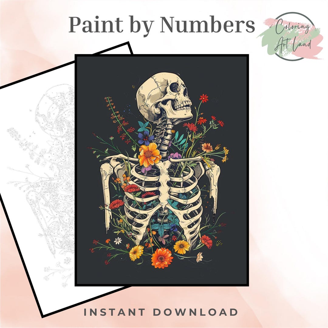 Flowered Halloween Skeleton Paint by Numbers, Halloween Coloring Pages ...