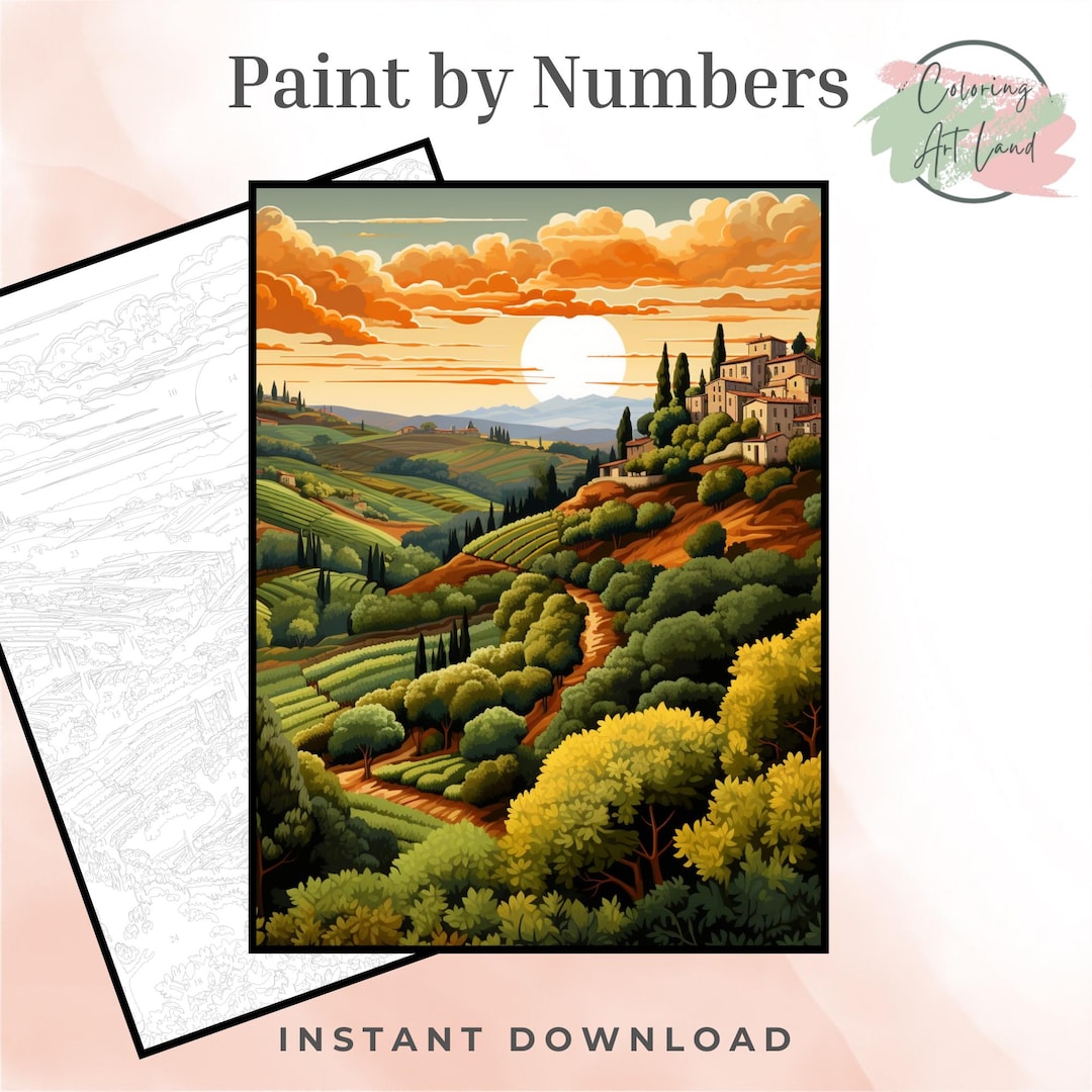Tuscan Sunset Landscape Paint by Numbers, Landscape Coloring Pages ...