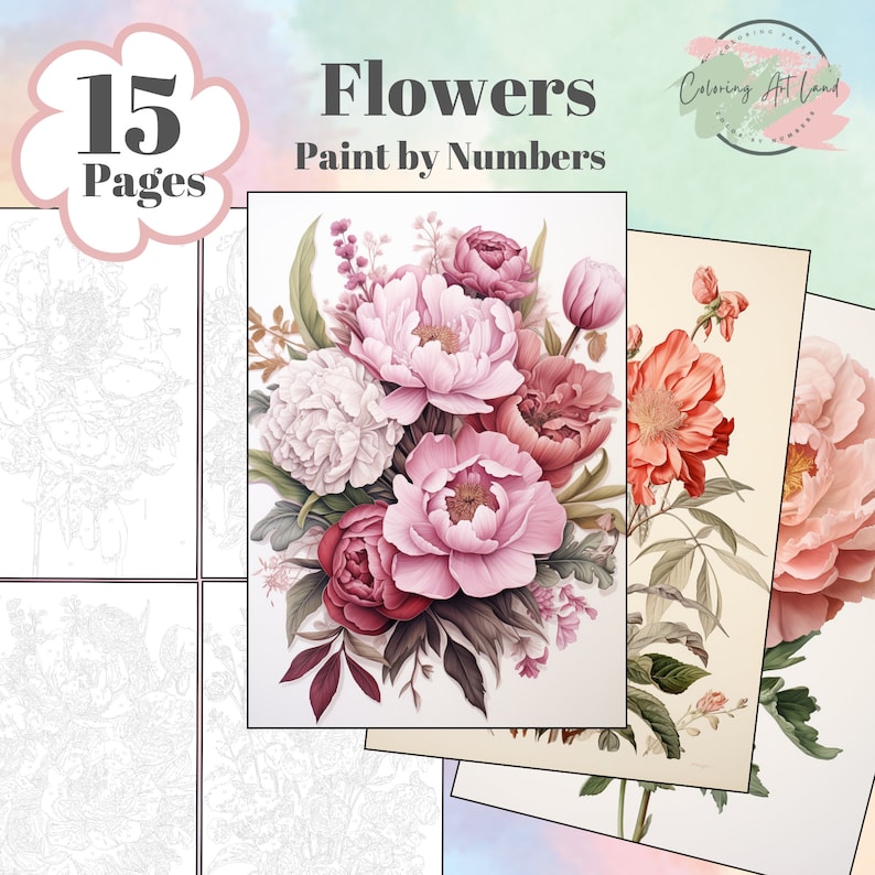 15 Floral Paint by Numbers, Flower Coloring Pages, Adults Coloring ...