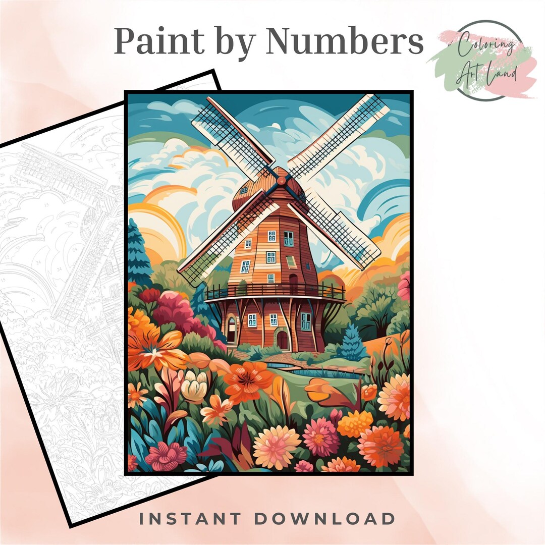 Windmill View Paint by Numbers, Landscape Coloring Pages, Color by ...