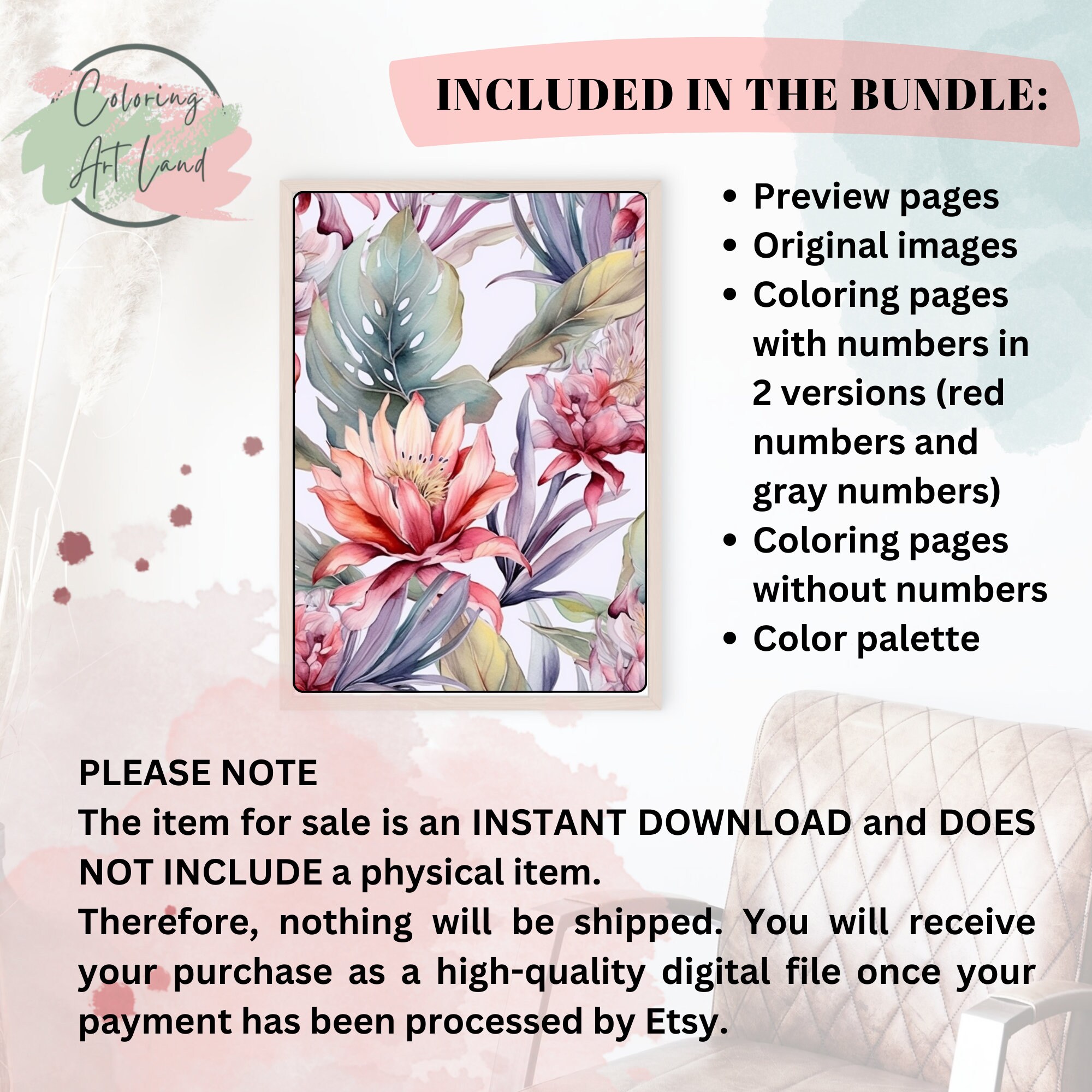 50 Floral Paint by Numbers, Flower Coloring Pages, Adults Coloring ...
