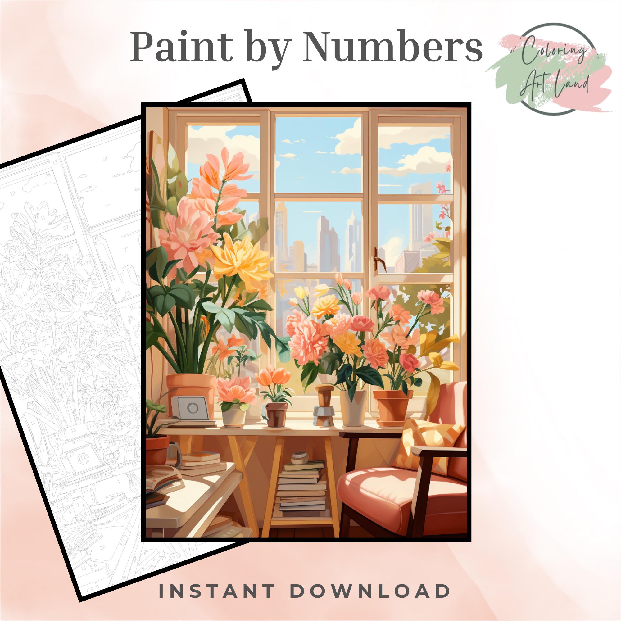 Flowered Window Coloring Pages, Flowers Paint by Numbers, Coloring ...