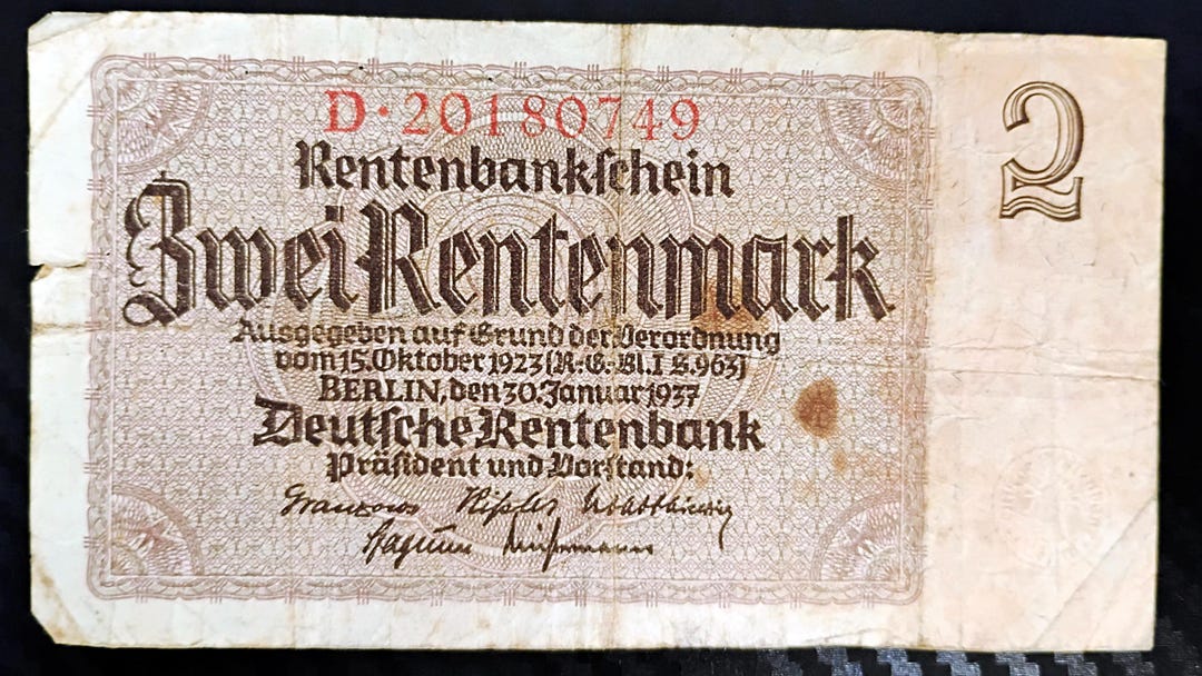 Germany 1937 2 Rentenmark Banknote - Etsy