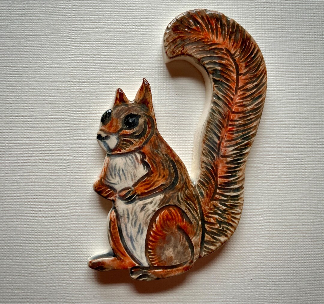 Handmade Unique Red Squirrel Mosaic Tile Shape. Incised, Hand Painted ...