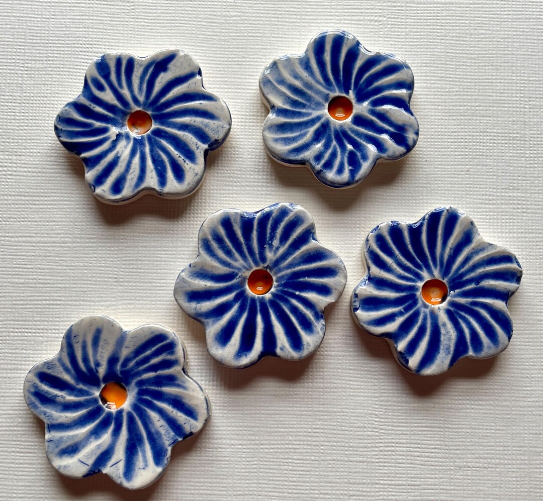 5 Handmade Mosaic Flower Tile Shapes Featuring a Lively Blue and White ...