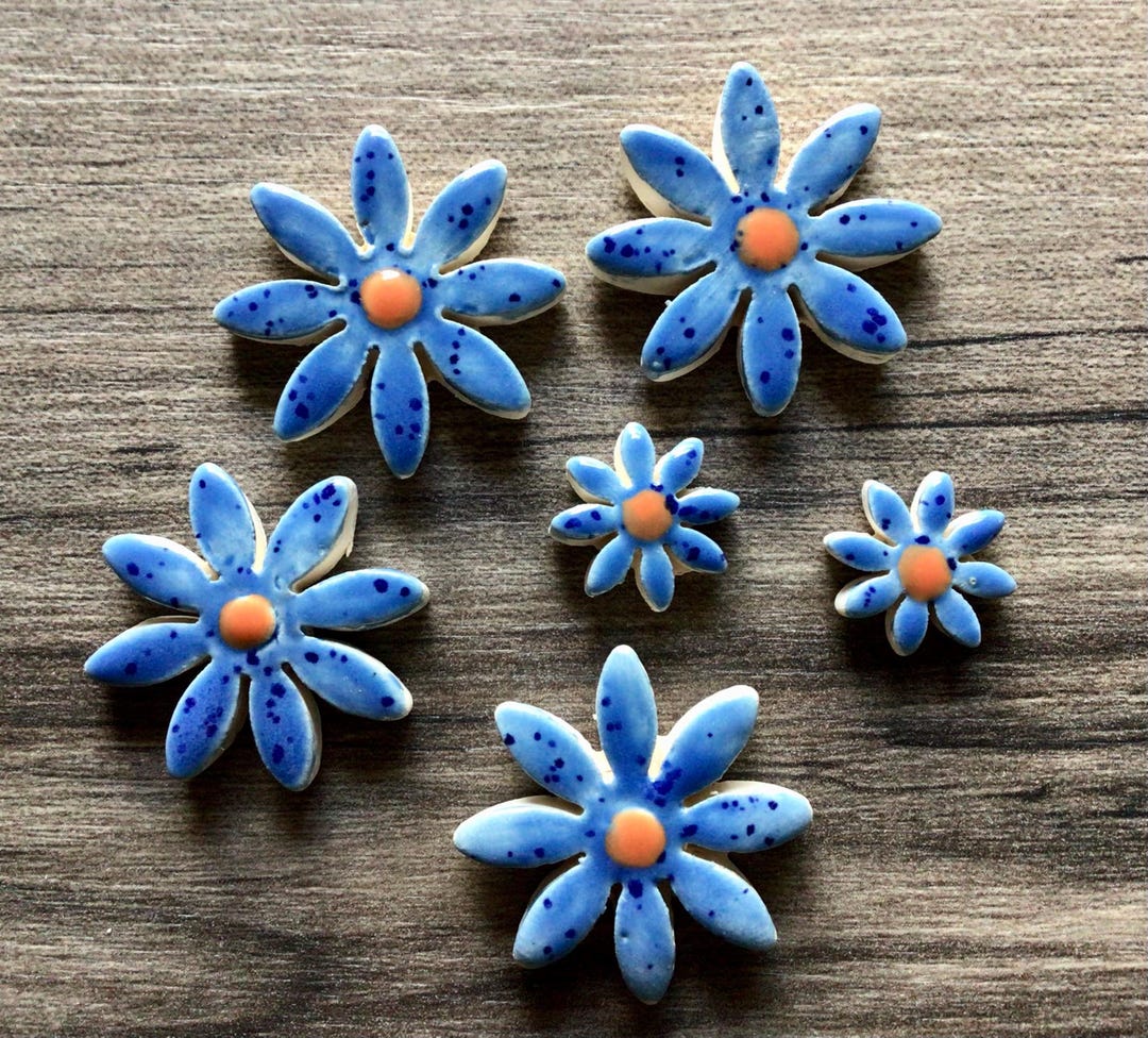 6 Handmade Ceramic Spotty Blue Flower Mosaic Tile Set, Highly Glazed ...