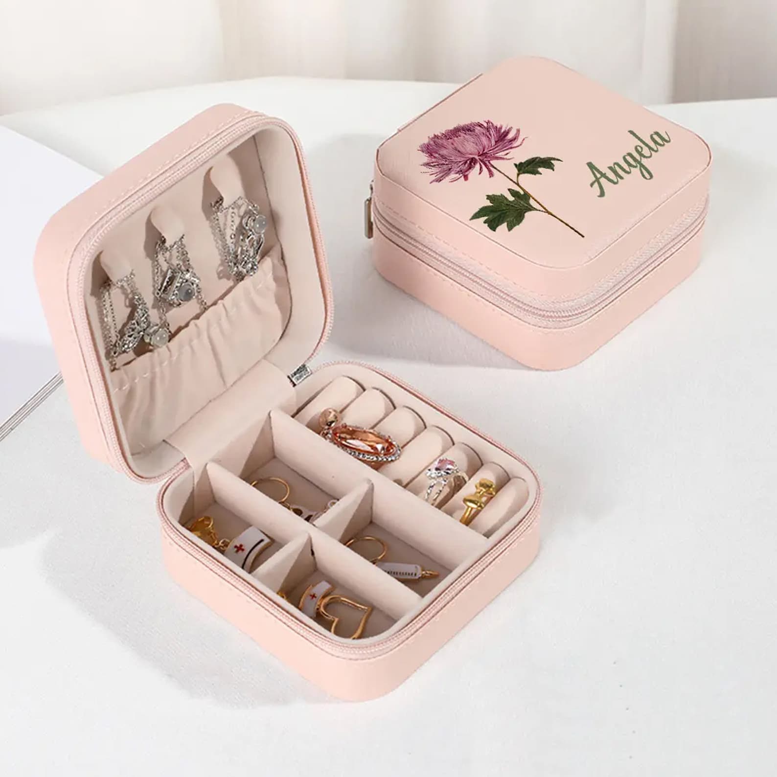 Personalized Birth Flower Travel Jewelry Box | Jewelry Organizer Case ...
