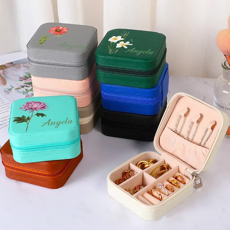 Personalized Birth Flower Travel Jewelry Box | Jewelry Organizer Case ...