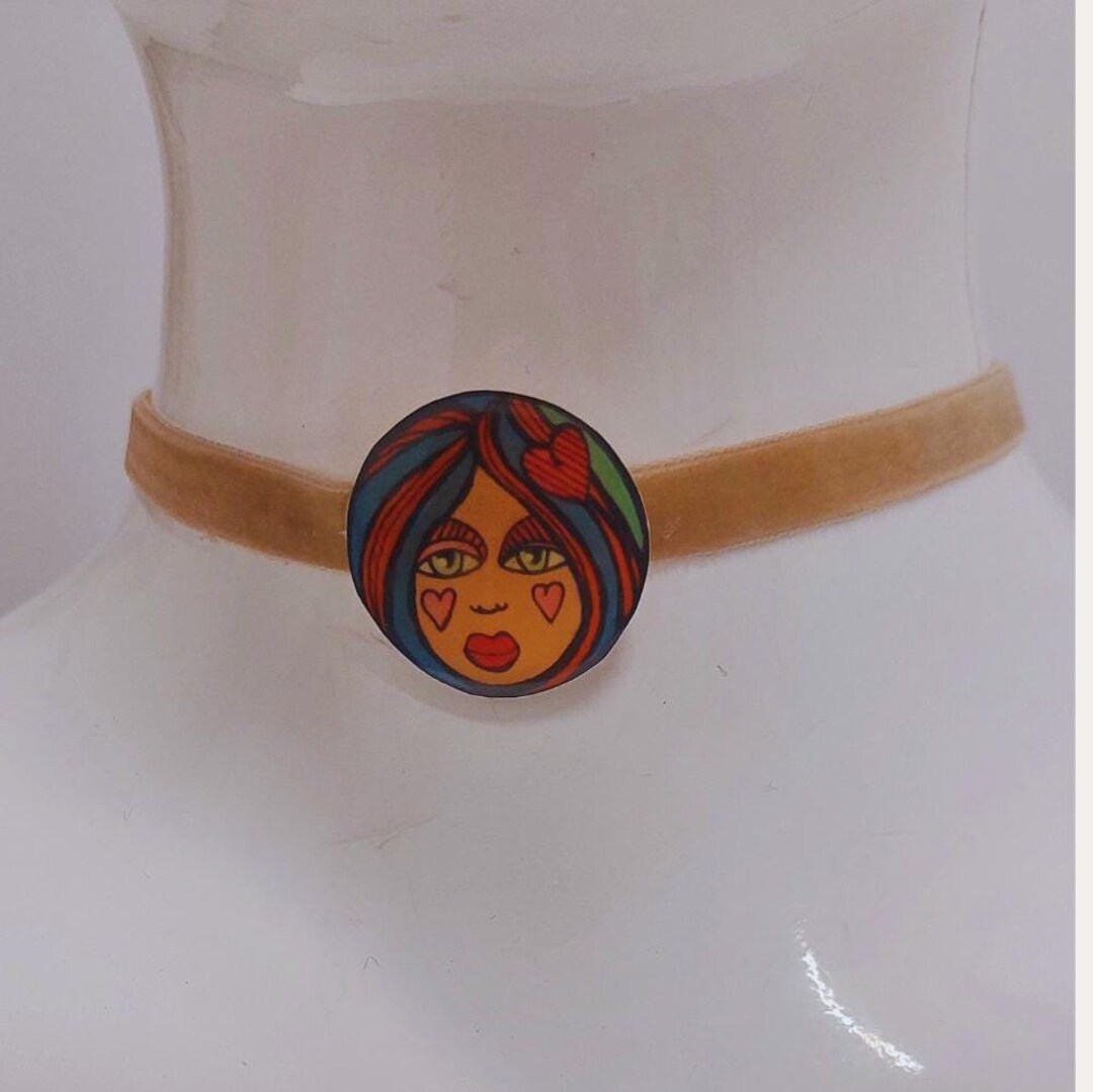 Choker With Brown Velvet Stripe and Handmade Round Pendant Woman's Face ...