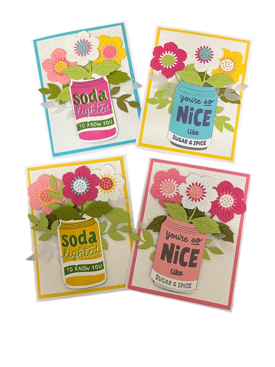 4 Handmade Cards. Soda Can and Flowers! Blank Note Cards! Each of the 4 ...