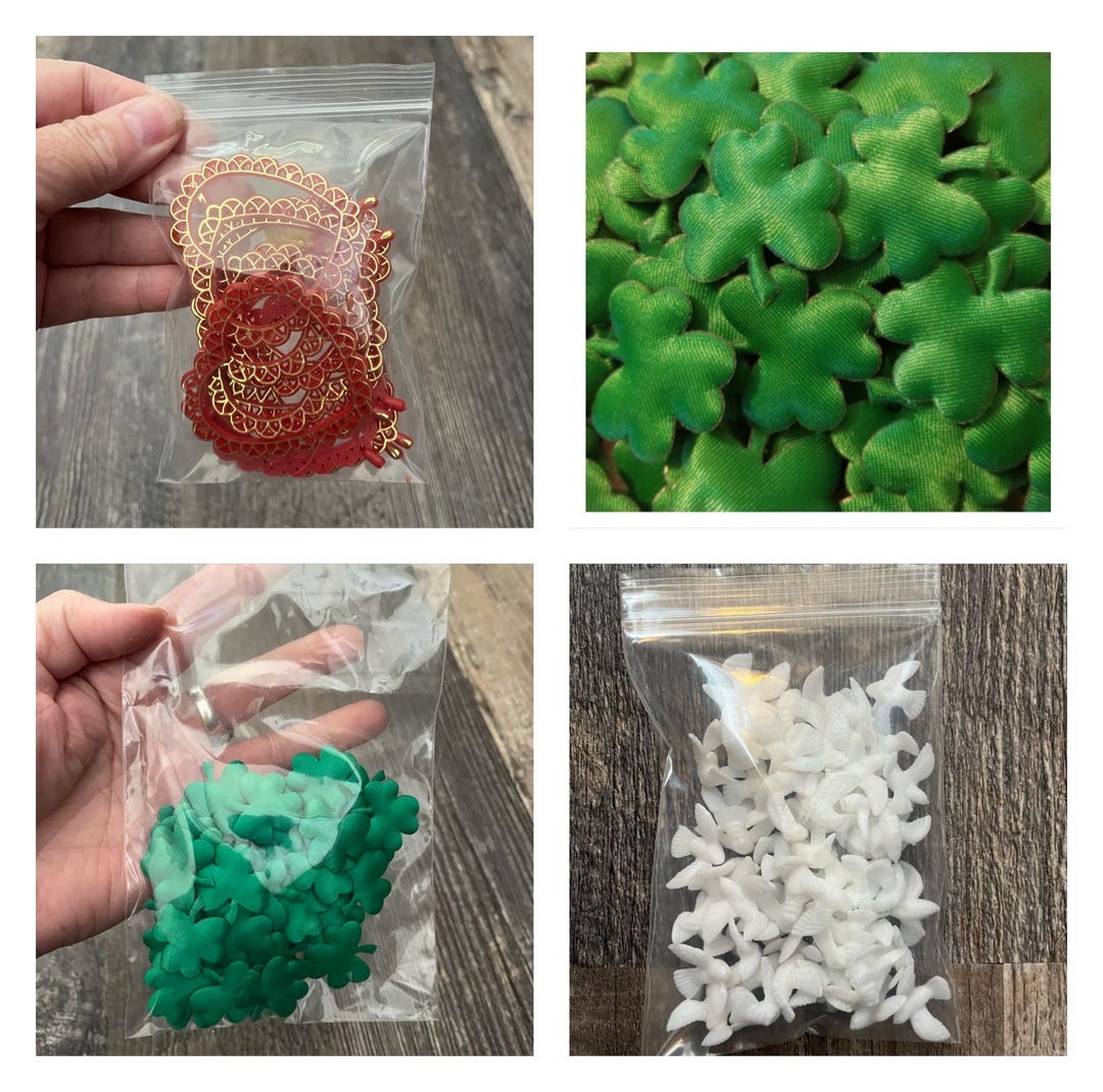 Vintage Embellishments Green Satin Clovers or Red Plastic Hearts, White ...