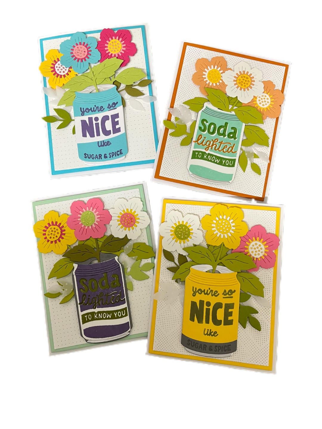 4 Handmade Cards. Soda Can and Flowers! Blank Note Cards! Each of the 4 ...