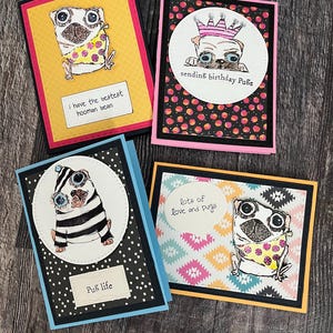 4 Handmade Cards. Pug Dog Variety Pack Blank Inside Note Cards! Each of ...