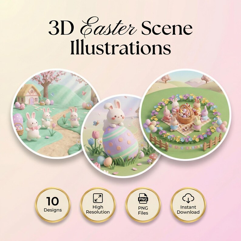 3D Easter Scene Illustrations, Pastel Bunnies, High Resolution PNG ...