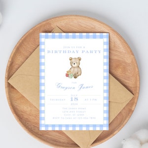 Blue Gingham Teddy Bear Birthday Invitation, Editable Teddy Bear Invite ...