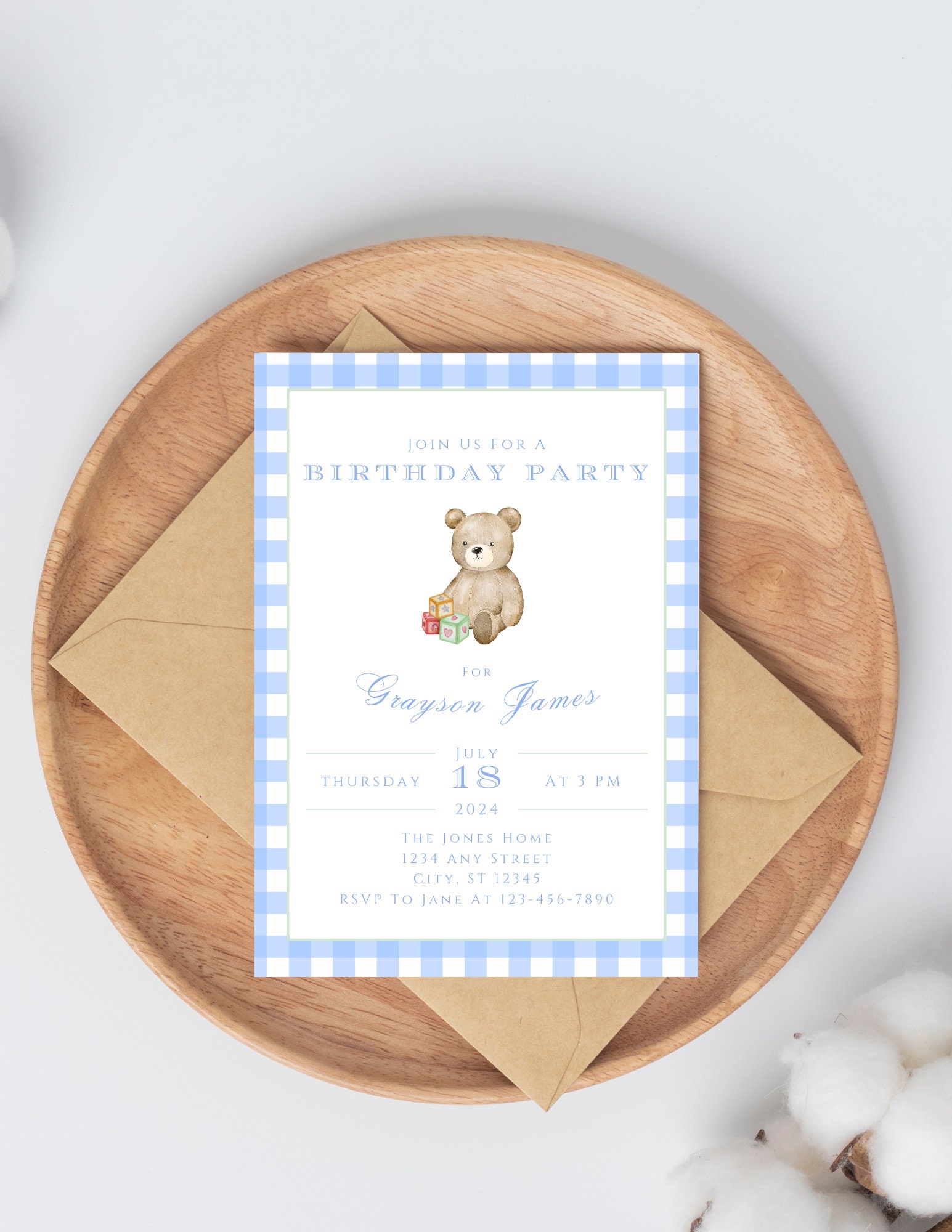 Blue Gingham Teddy Bear Birthday Invitation, Editable Teddy Bear Invite ...