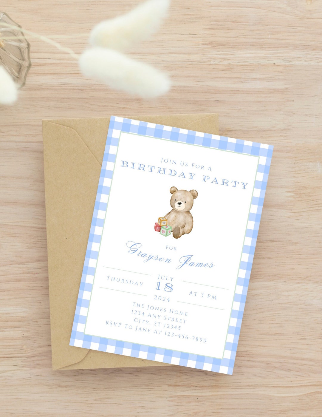 Blue Gingham Teddy Bear Birthday Invitation, Editable Teddy Bear Invite ...