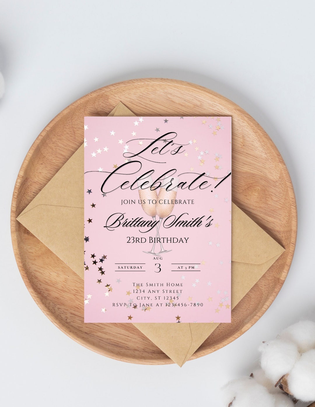 Lets Celebrate Editable Pink Gold Glitter Champagne Birthday Invitation ...