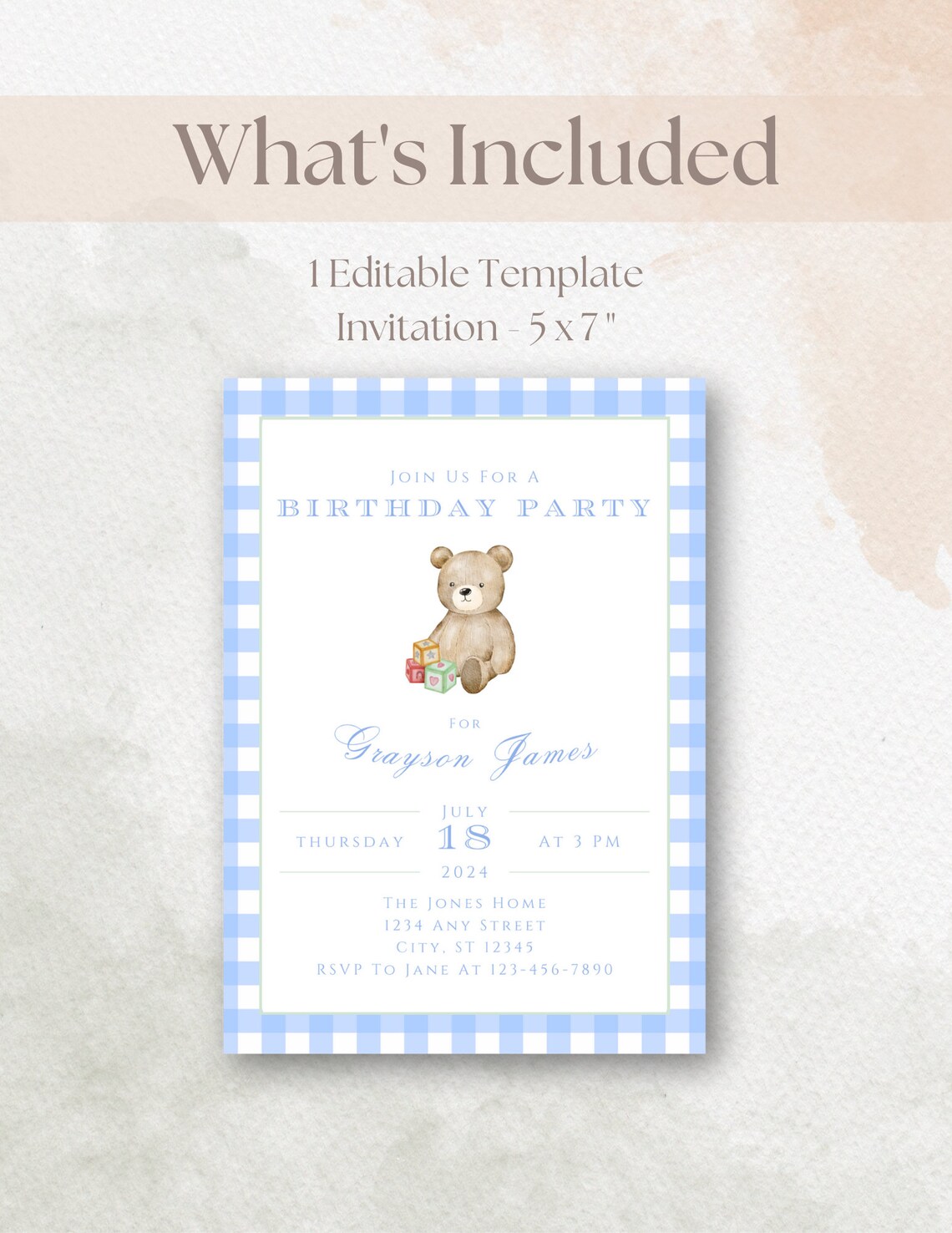 Blue Gingham Teddy Bear Birthday Invitation, Editable Teddy Bear Invite ...