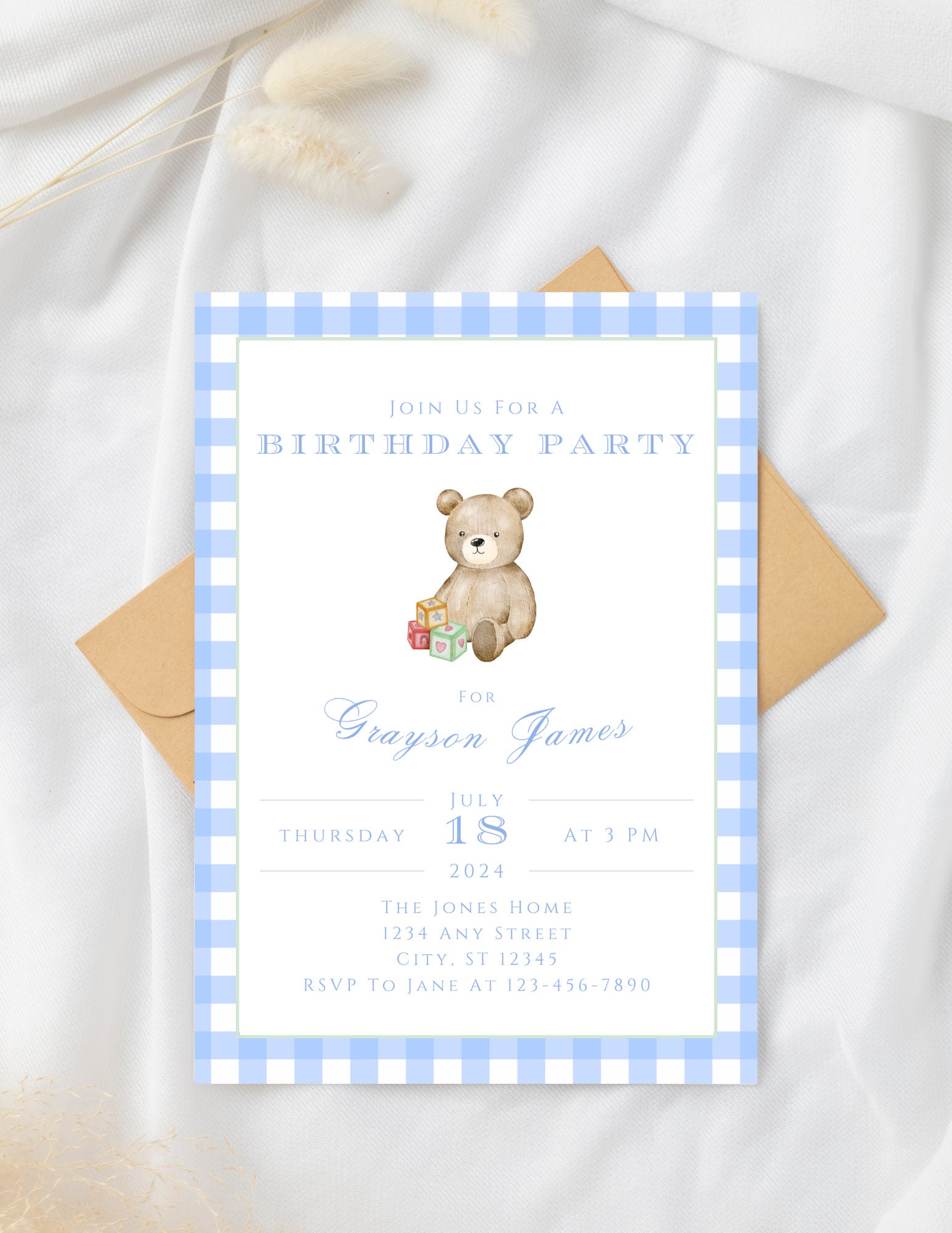 Blue Gingham Teddy Bear Birthday Invitation, Editable Teddy Bear Invite ...