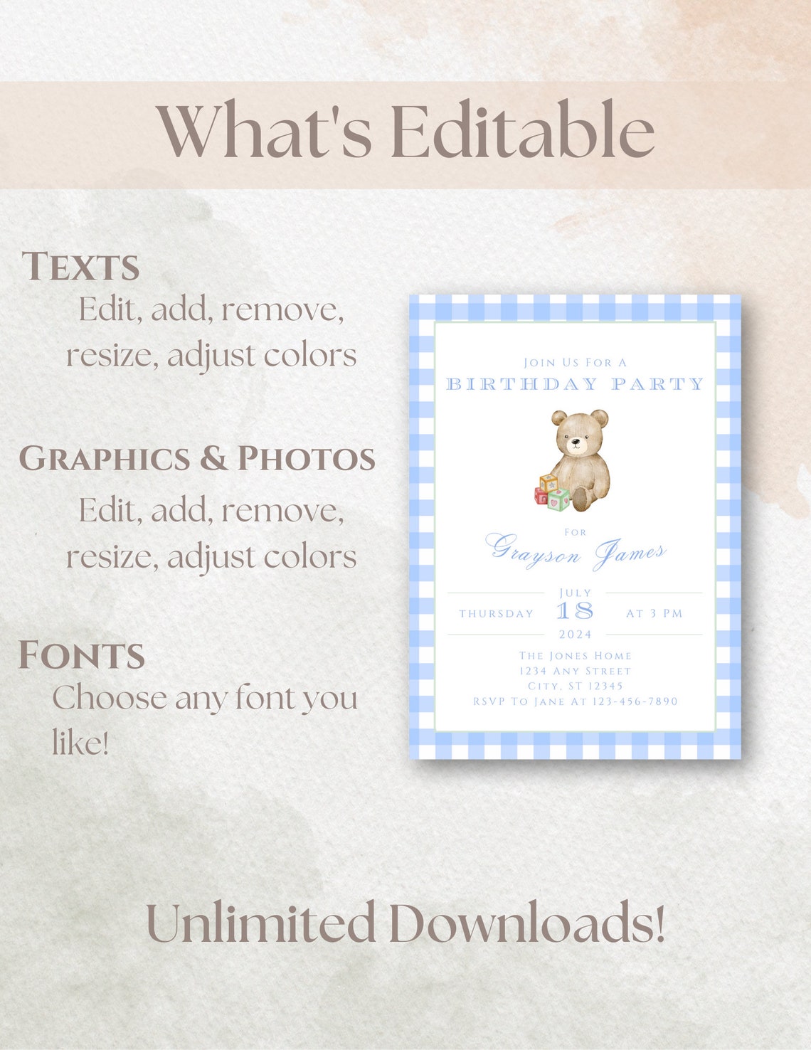 Blue Gingham Teddy Bear Birthday Invitation, Editable Teddy Bear Invite ...